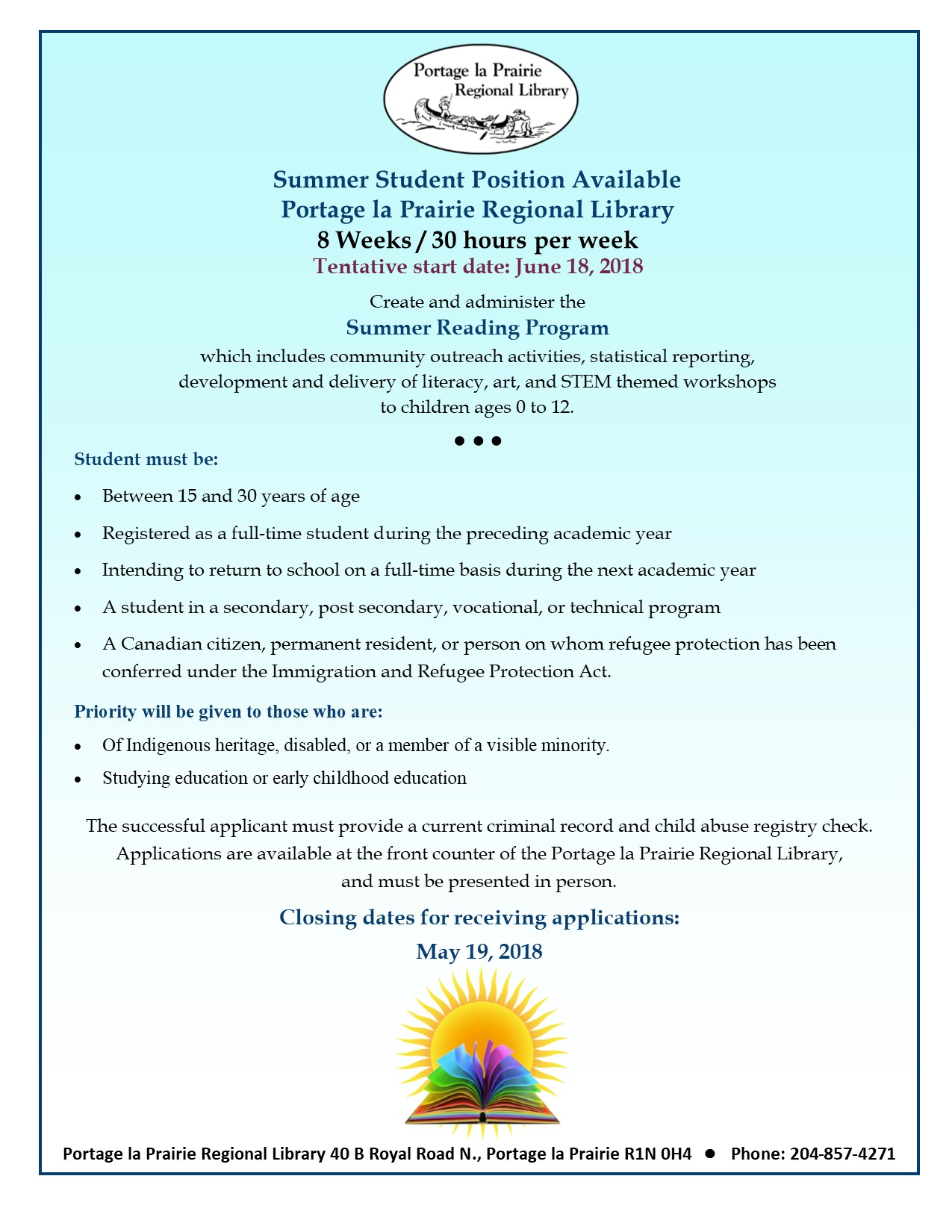 Summer Student Position_Library – Portage Library